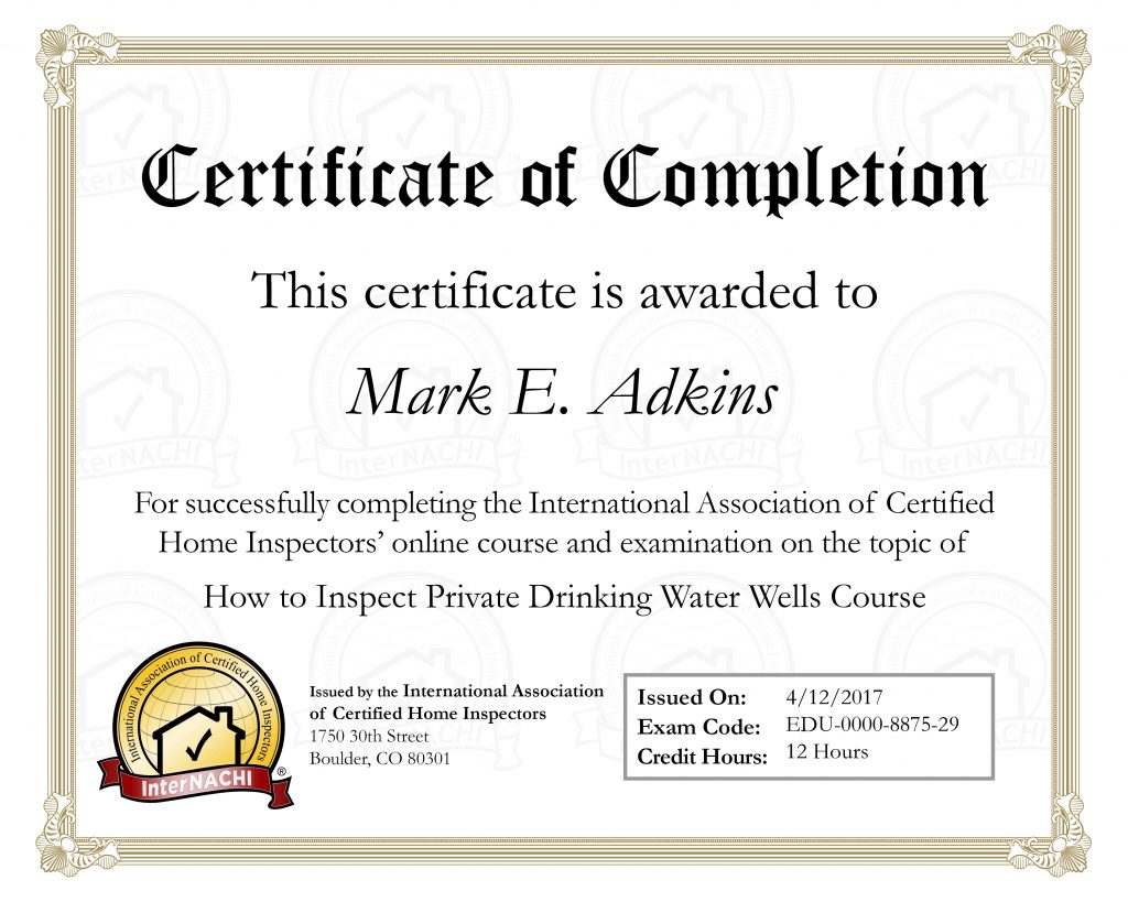 Well Certificate | L&A Home Inspections LLC